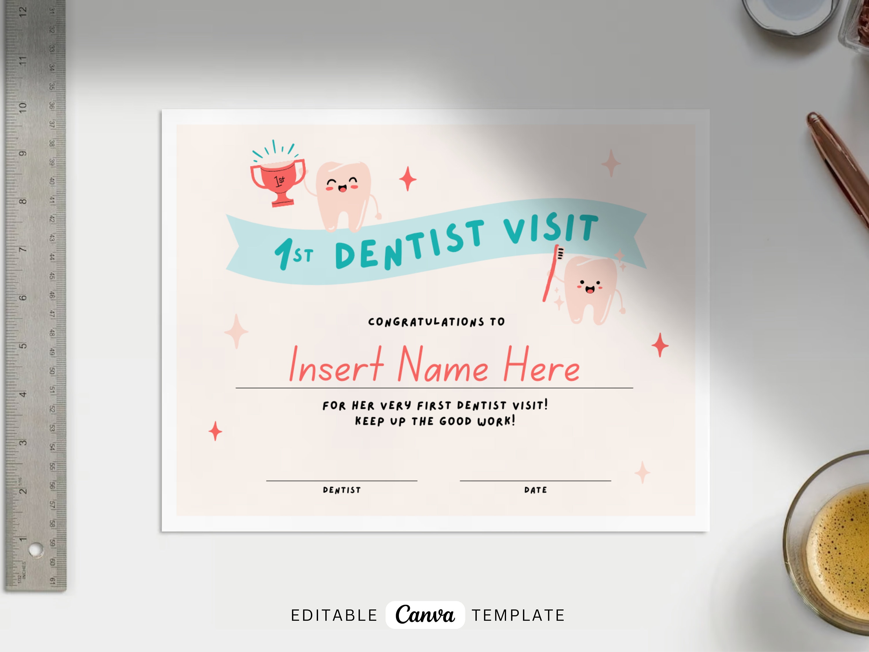 Editable First Dentist Visit Certificate Template | Canva Template ...