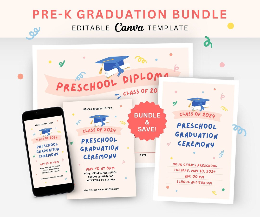 Editable Pre-k Graduation Bundle Diploma Program Text Invitation ...