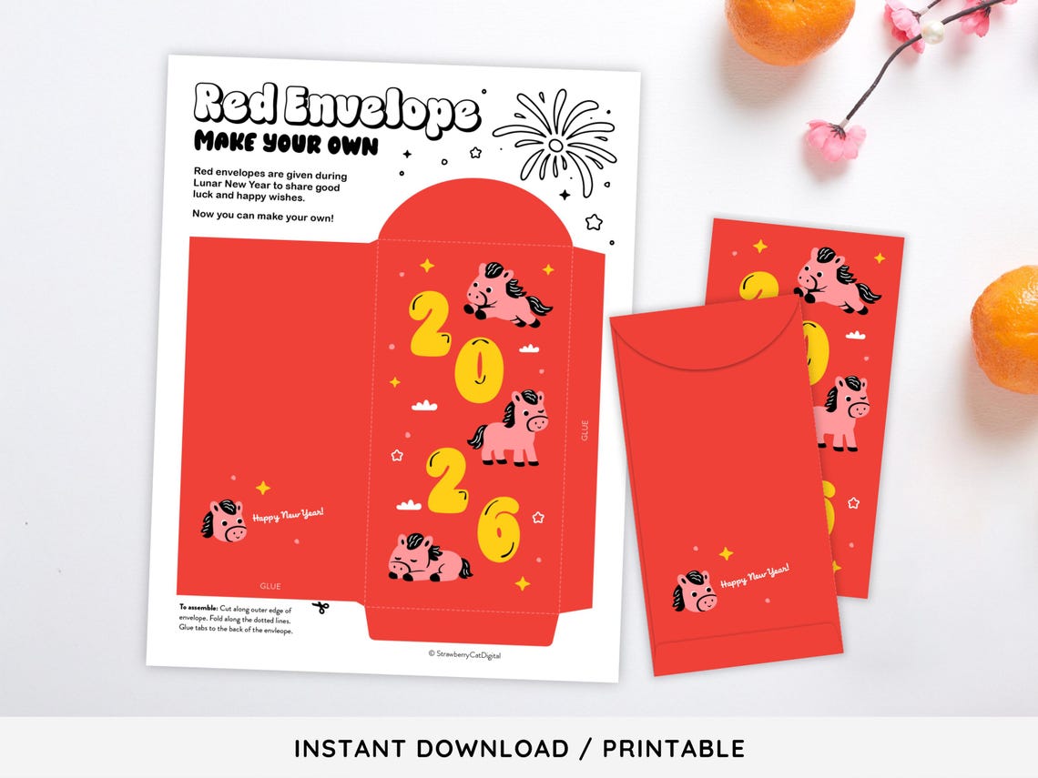 Printable 2026 Year of the Horse Red Envelope Lunar New Year Red ...