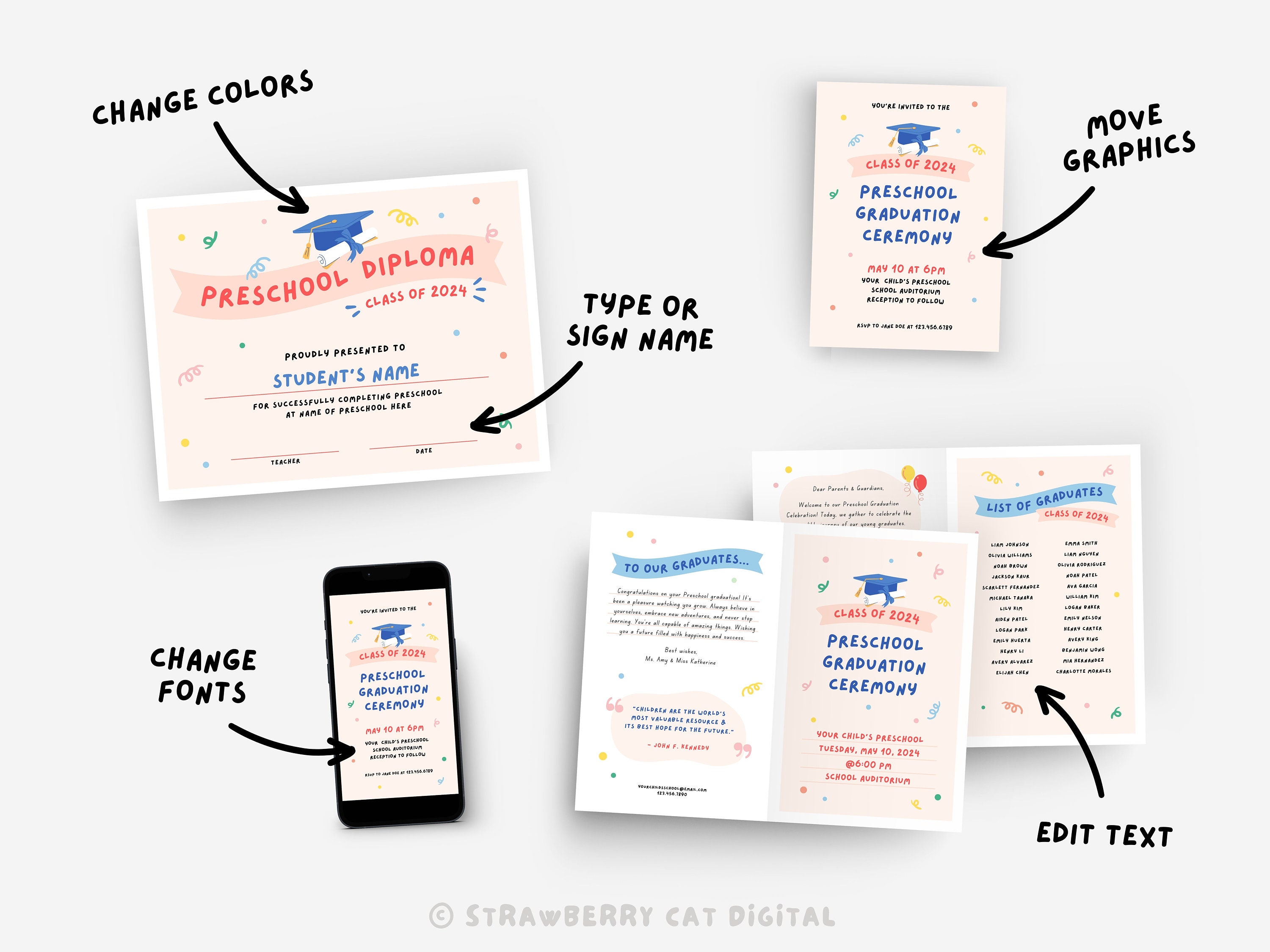 Editable Pre-k Graduation Bundle Diploma Program Text Invitation ...