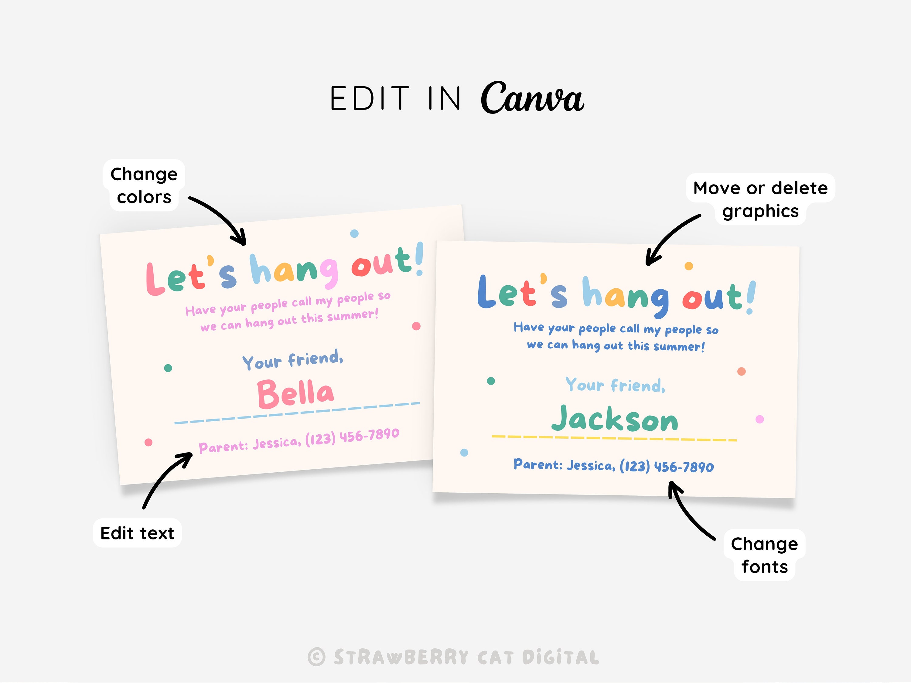 Editable Playdate Contact Cards Template Kids Contact Card End of ...