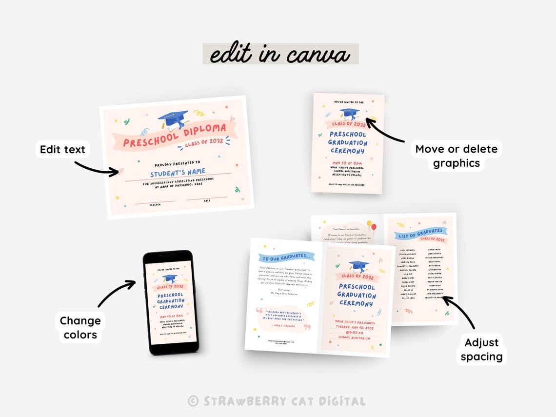 Editable Pre-k Graduation Bundle Diploma Program Text Invitation ...
