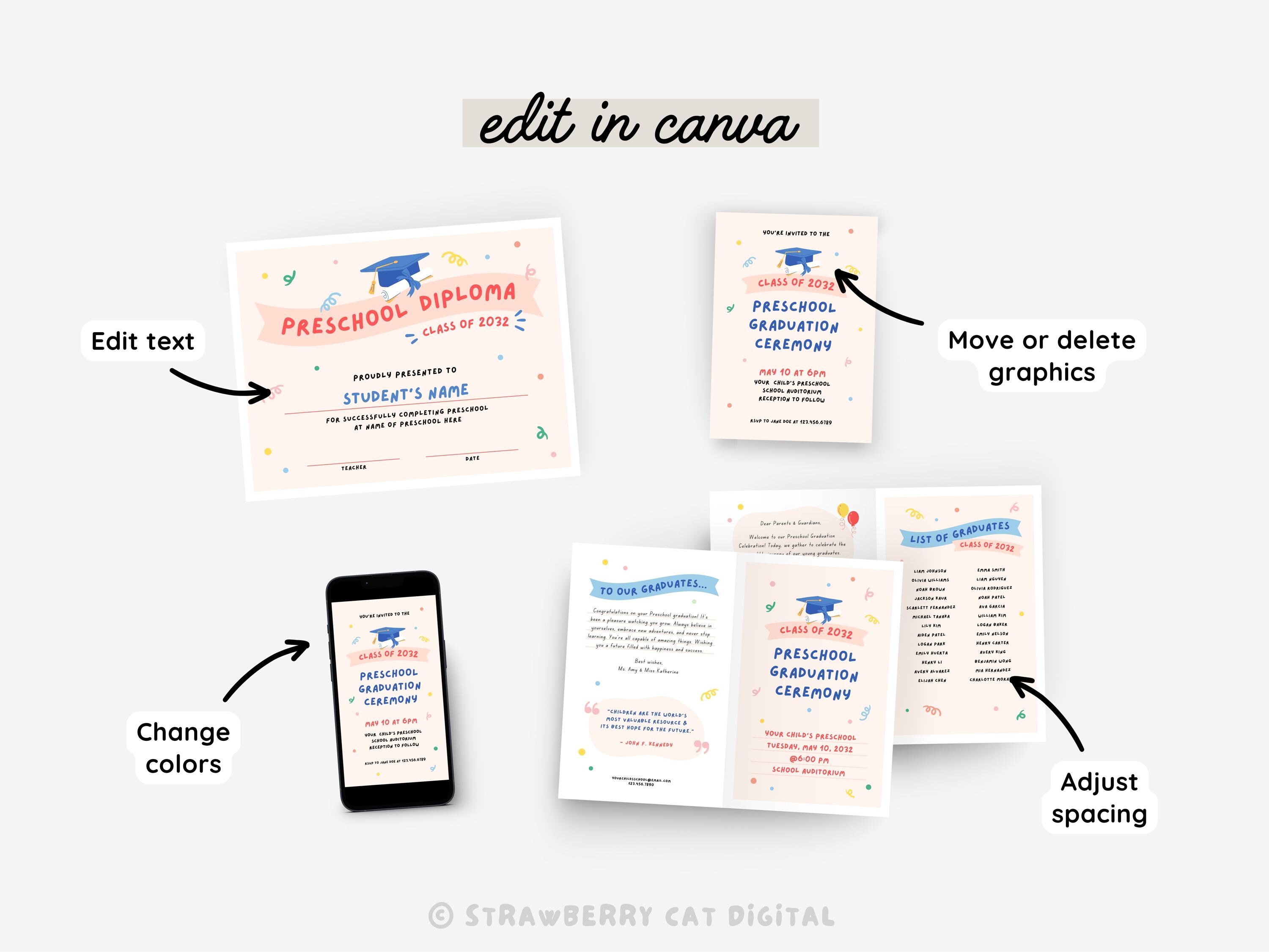 Editable Pre-k Graduation Bundle Diploma Program Text Invitation ...