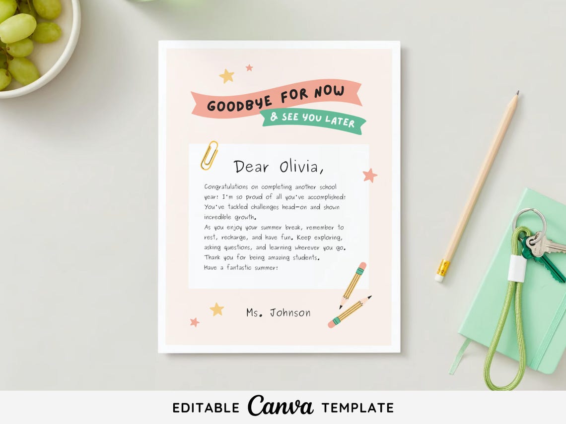 Teacher Goodbye Letter to Students Template | Teacher End of School ...