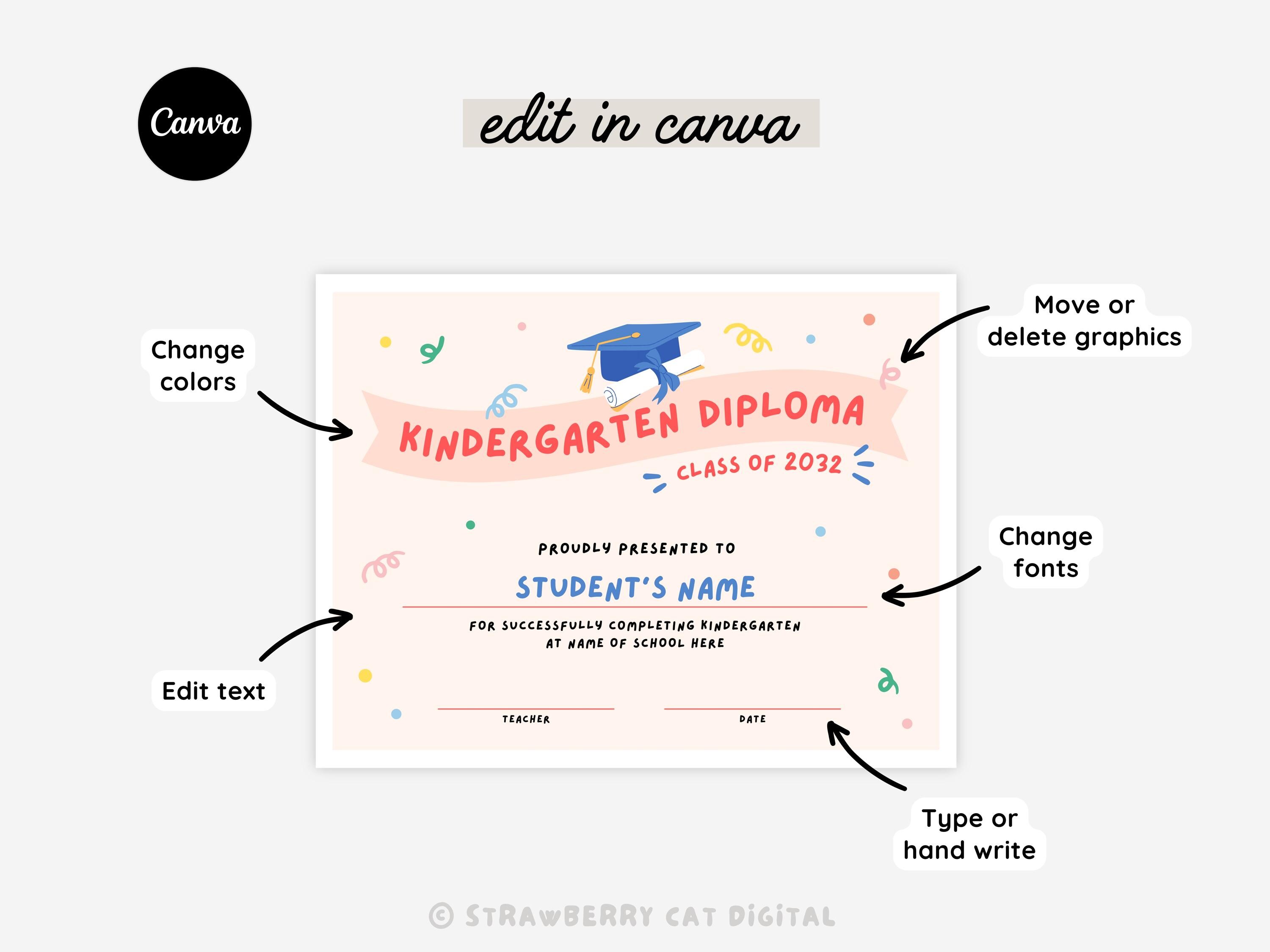 Editable Kindergarten Diploma Template | Printable Graduation ...