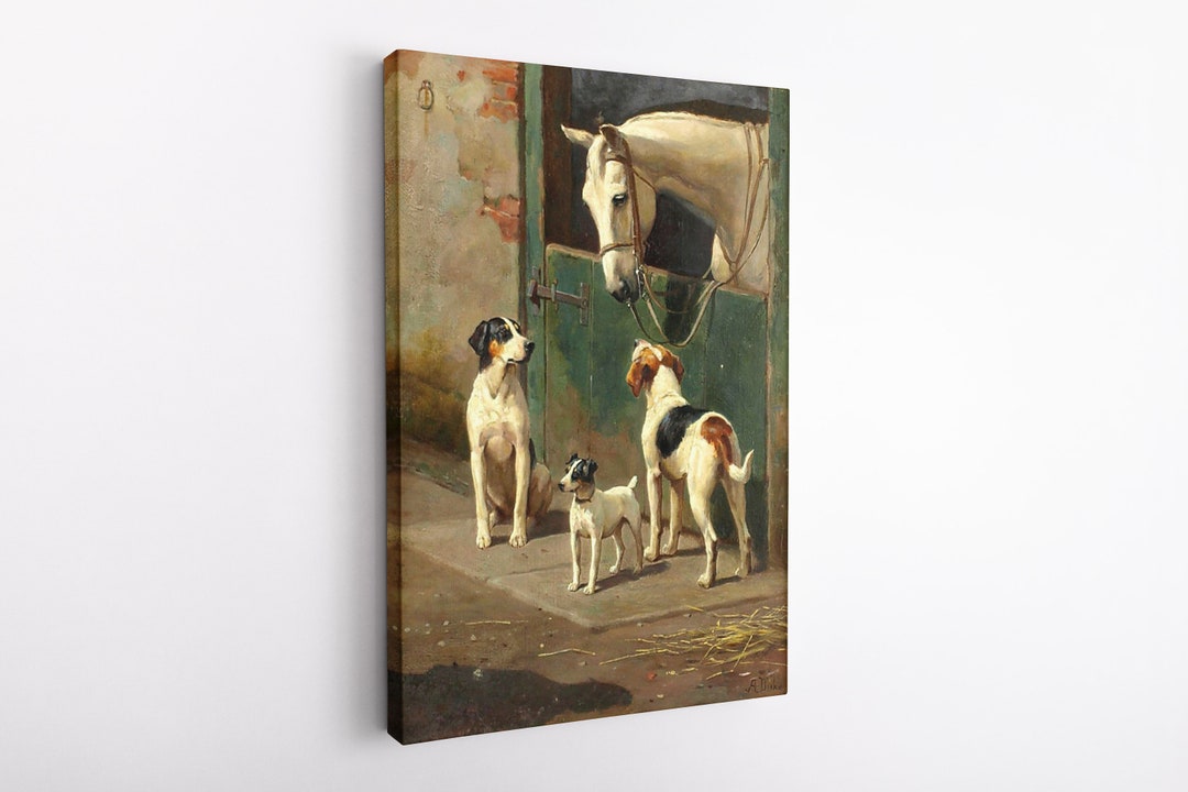 Dogs and Horse at Stable Print, Dogs and Horse Canvas Wall Art, Dogs ...