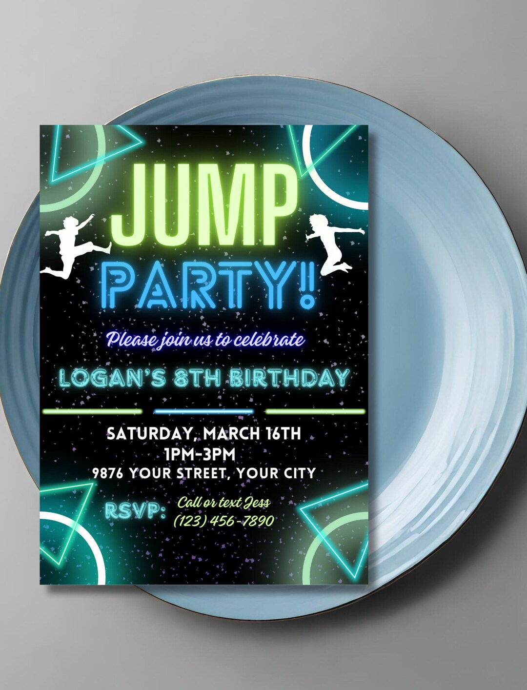 Jump Birthday Party Invitation Trampoline Neon Party Kids Editable ...