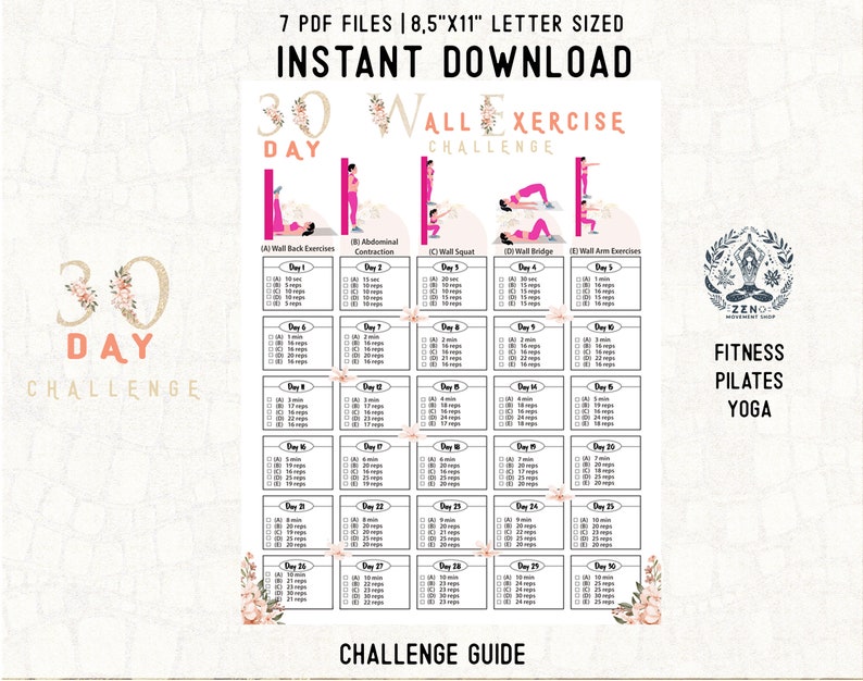 30 Day Wall Exercise Challenge Printable BUNDLE | Wall Pilates | Wall ...