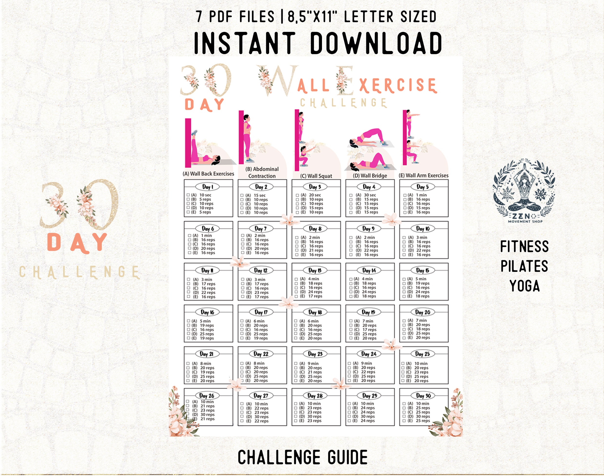 30 Day Wall Exercise Challenge Printable BUNDLE | Wall Pilates | Wall ...