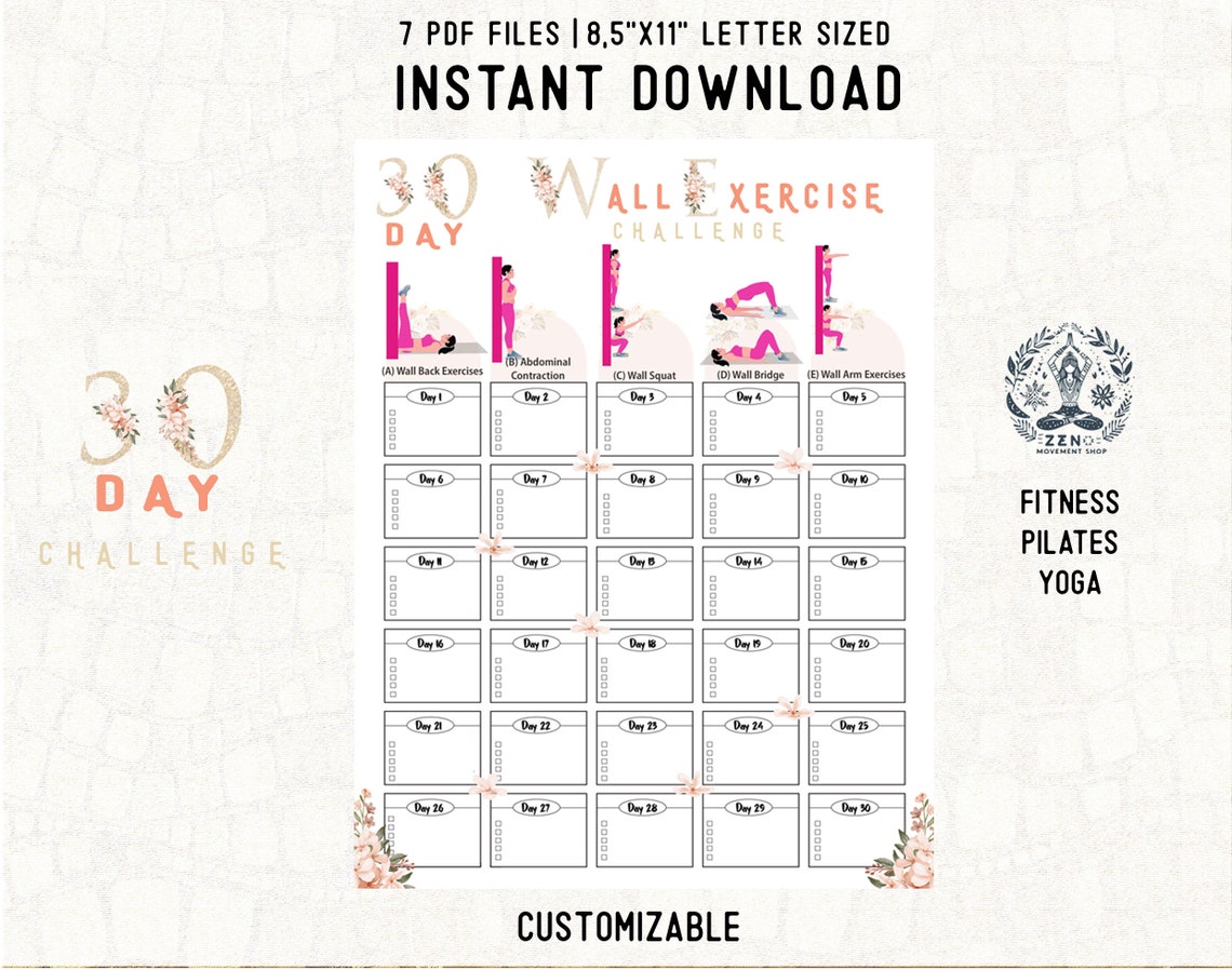 30 Day Wall Exercise Challenge Printable BUNDLE | Wall Pilates | Wall ...