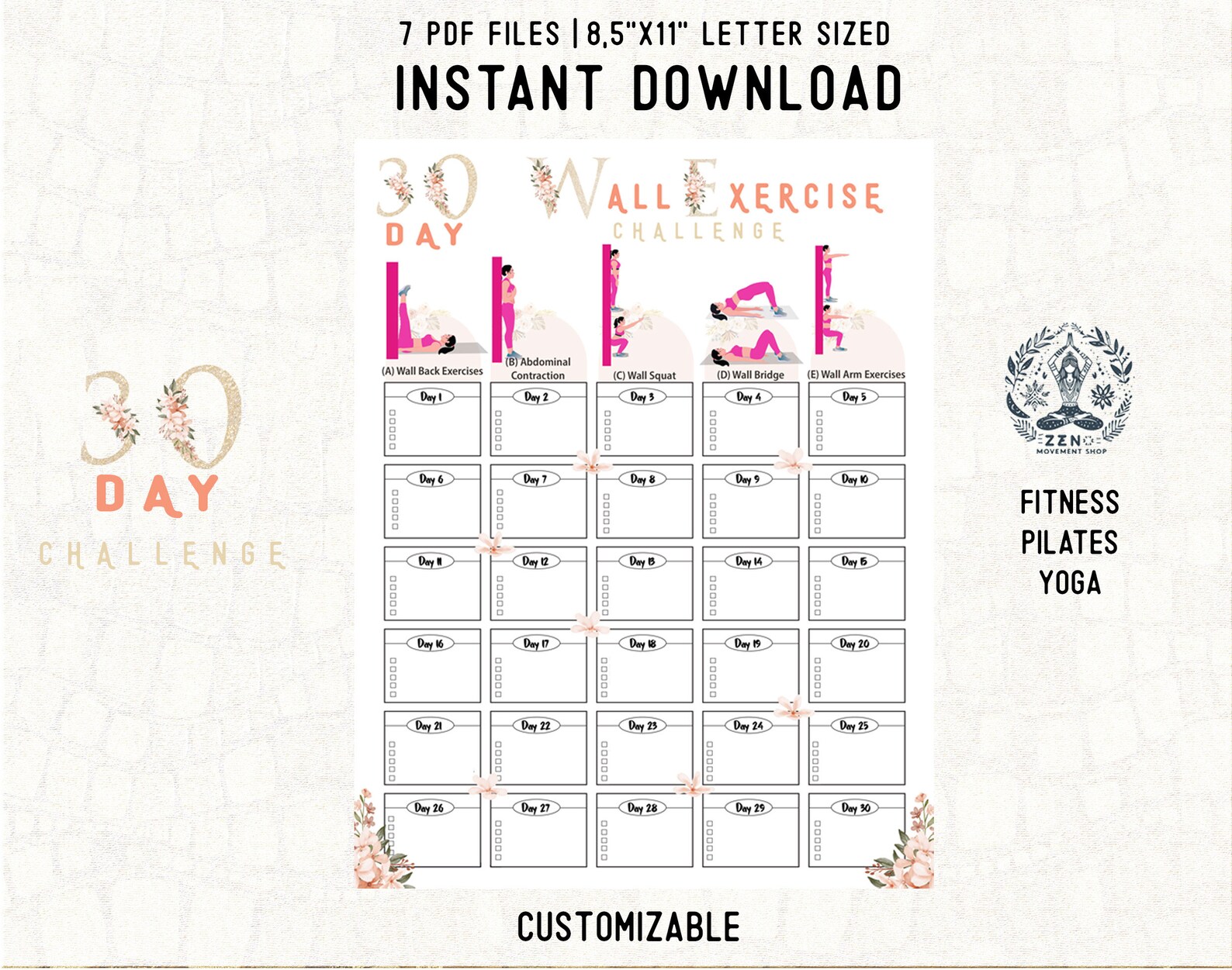 30 Day Wall Exercise Challenge Printable BUNDLE | Wall Pilates | Wall ...