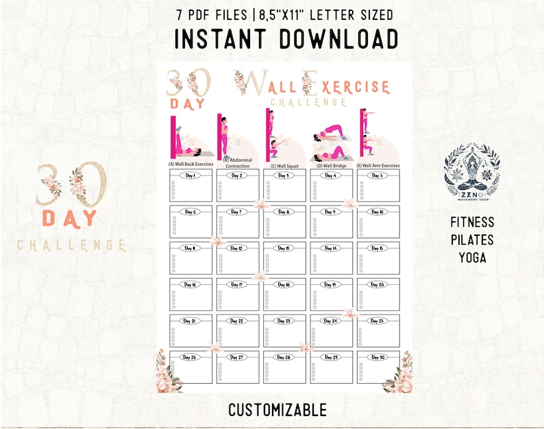 30 Day Wall Exercise Challenge Printable BUNDLE | Wall Pilates | Wall ...