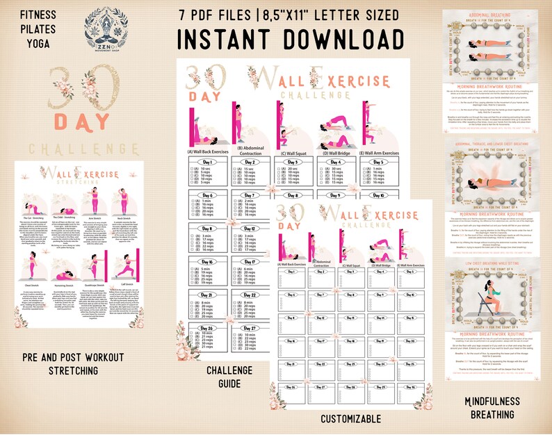 30 Day Wall Exercise Challenge Printable BUNDLE | Wall Pilates | Wall ...