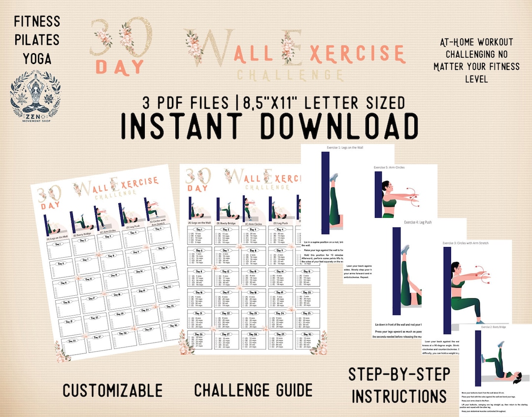 30 Day Wall Exercise Challenge Printable | Wall Pilates | Wall Fitness ...