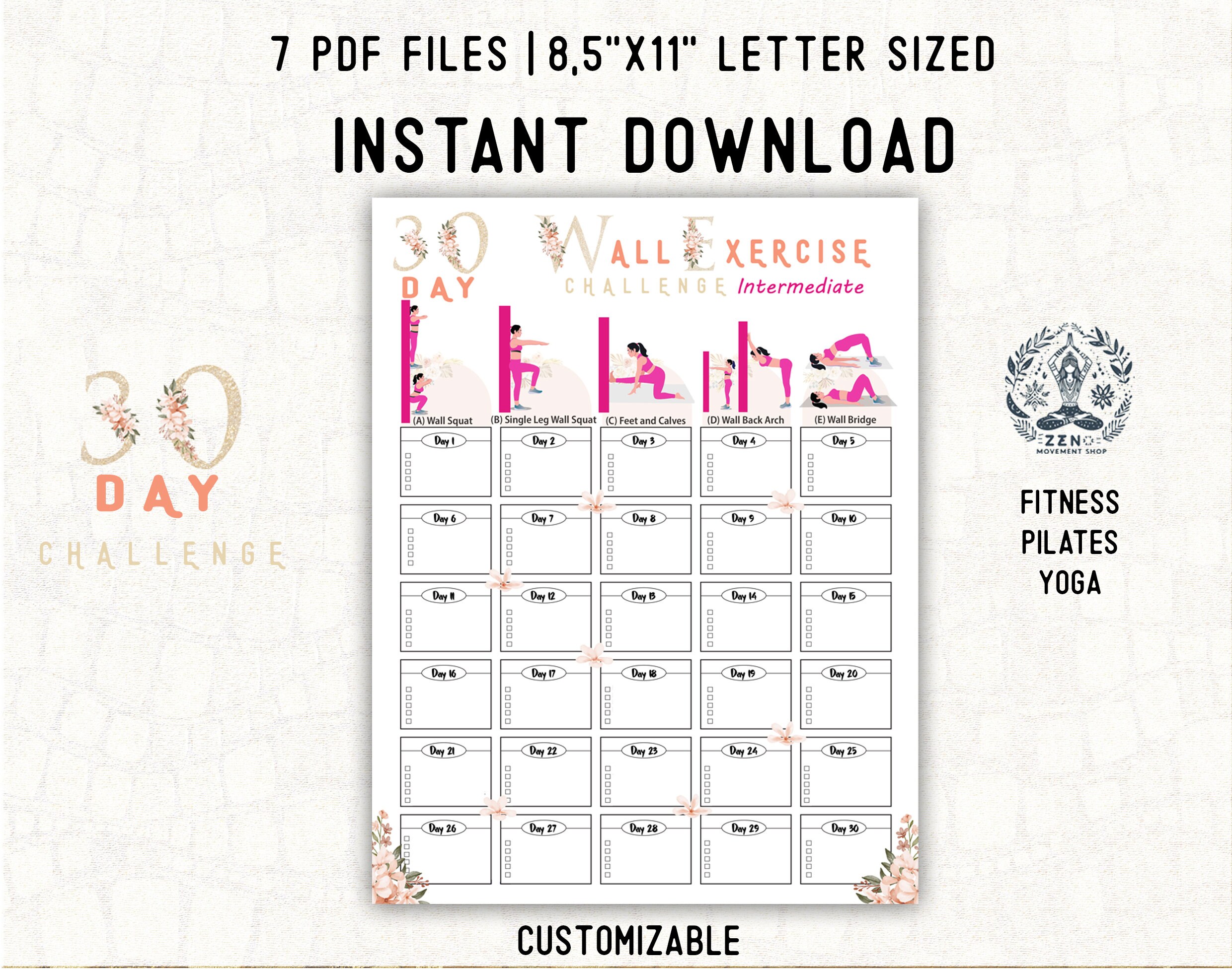 BUNDLE 30 Day Wall Exercise Printable Intermediate | Wall Pilates ...