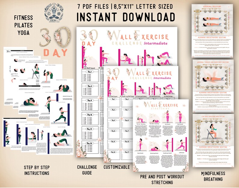 BUNDLE 30 Day Wall Exercise Printable Intermediate | Wall Pilates ...
