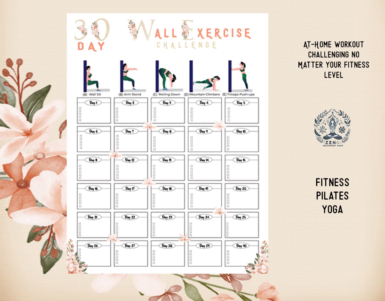 30 Day Wall Exercise Challenge Printable | Wall Pilates | Wall Fitness ...