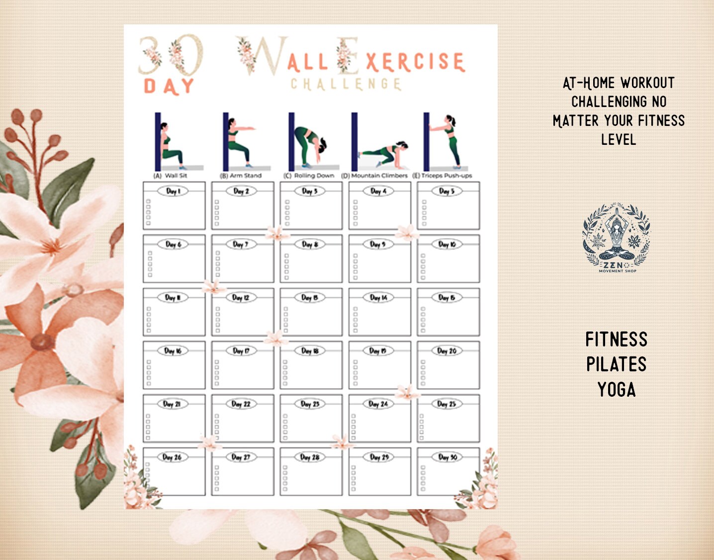 30 Day Wall Exercise Challenge Printable | Wall Pilates | Wall Fitness ...