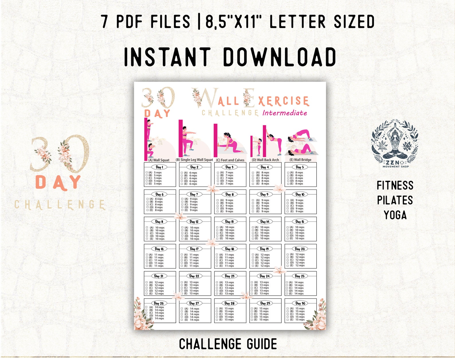 BUNDLE 30 Day Wall Exercise Printable Intermediate | Wall Pilates ...