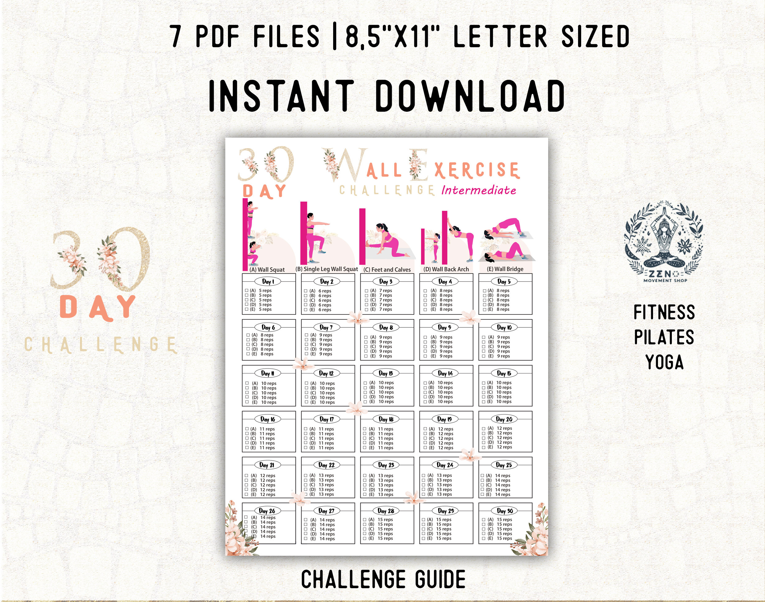 BUNDLE 30 Day Wall Exercise Printable Intermediate | Wall Pilates ...