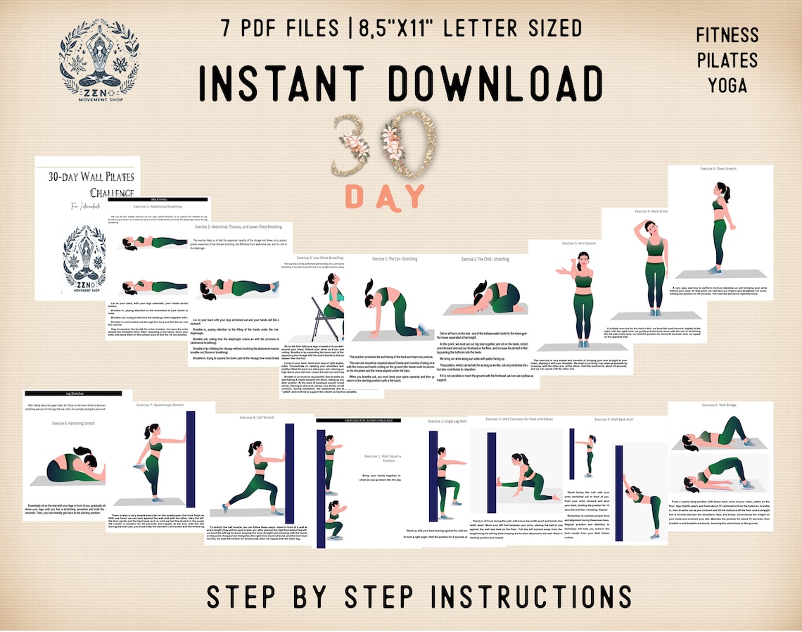 BUNDLE 30 Day Wall Exercise Printable Intermediate | Wall Pilates ...