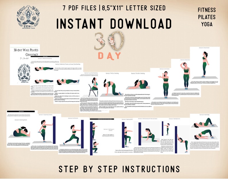 BUNDLE 30 Day Wall Exercise Printable Intermediate | Wall Pilates ...