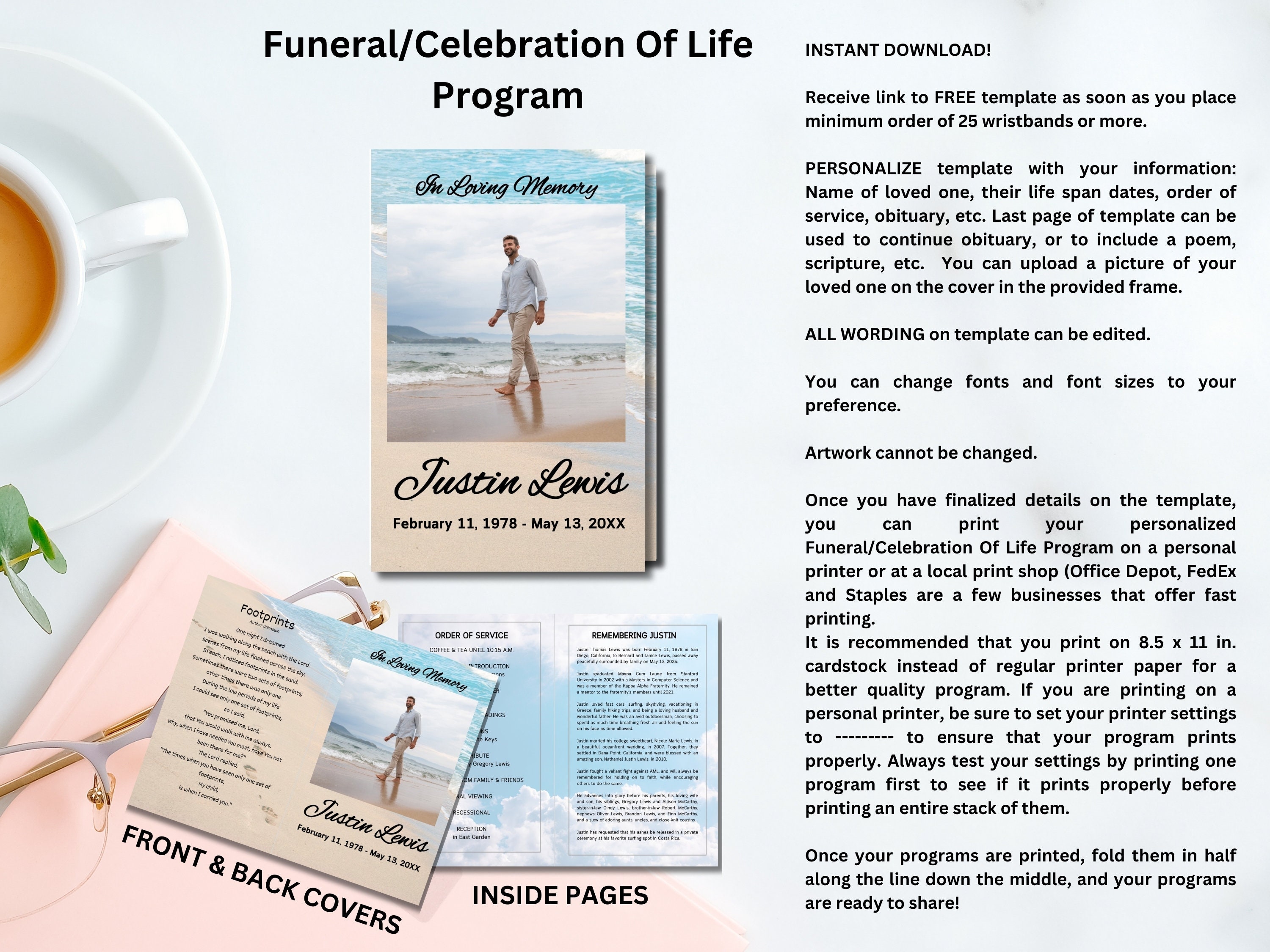 Editable Funeral Program Template, Footprints in the Sand, Keepsake ...