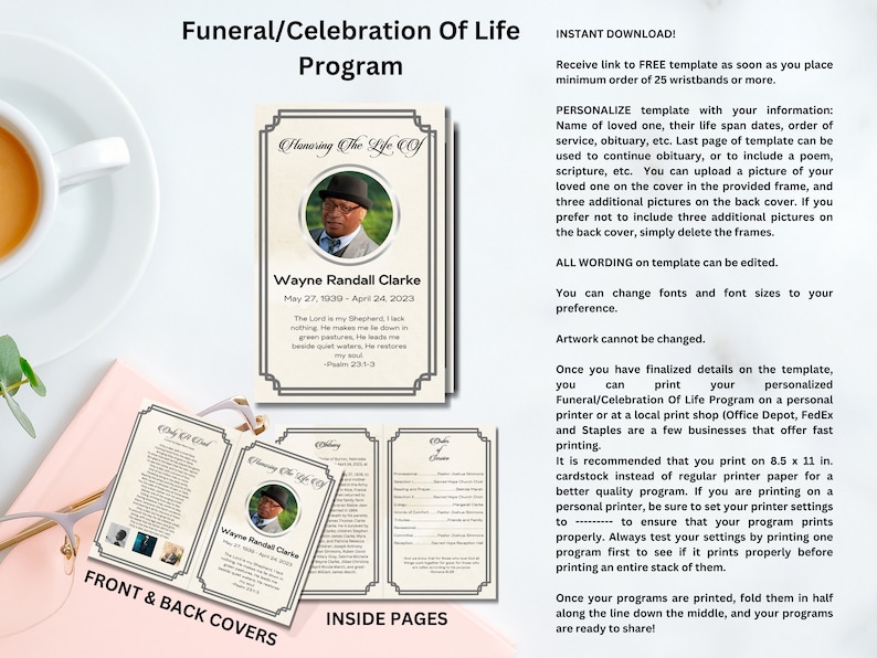 Editable Funeral Program Template, Ornate Cream, Keepsake, Celebration ...