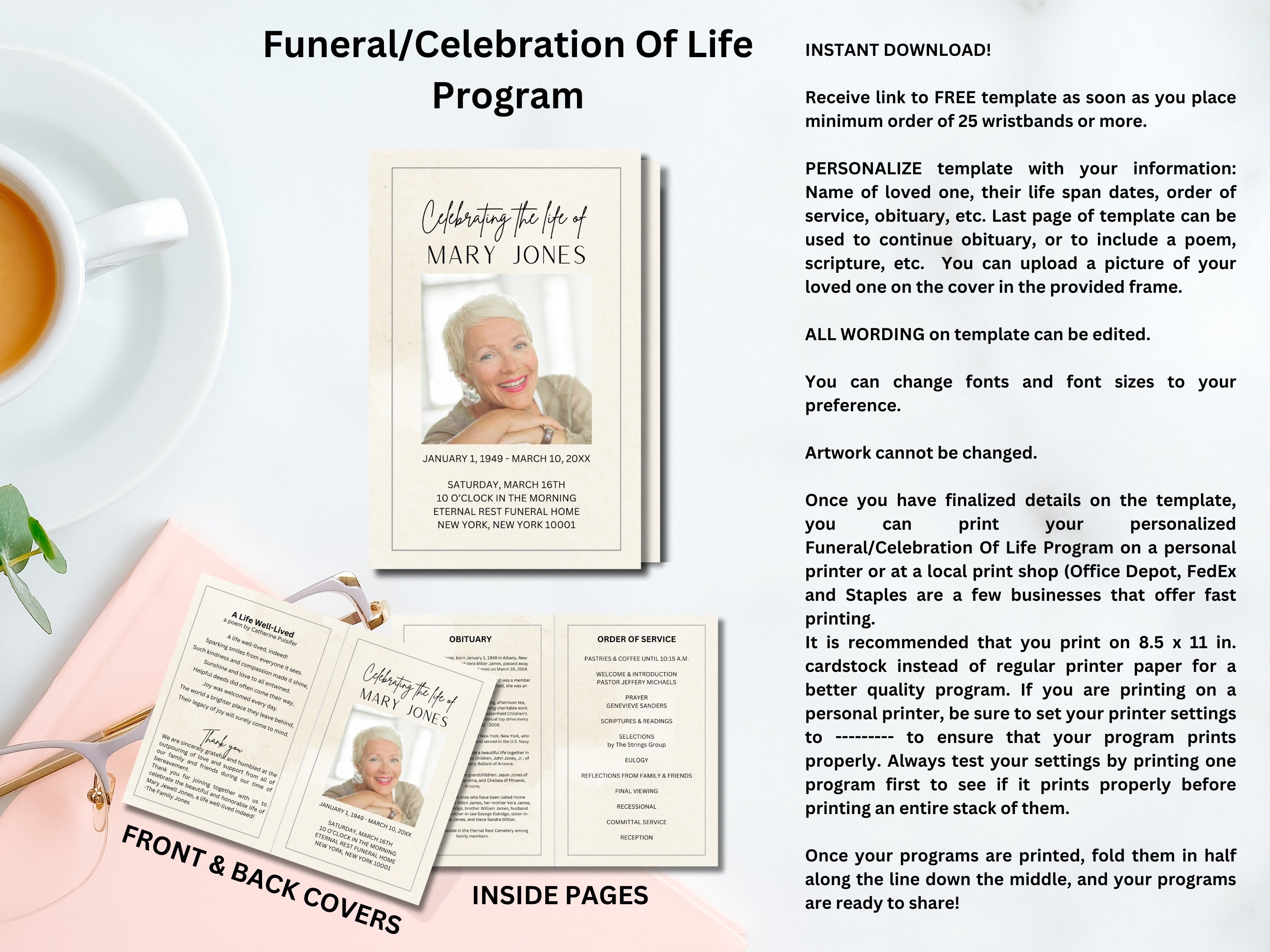 Editable Funeral Program Template, Minimalist Cream, Keepsake ...