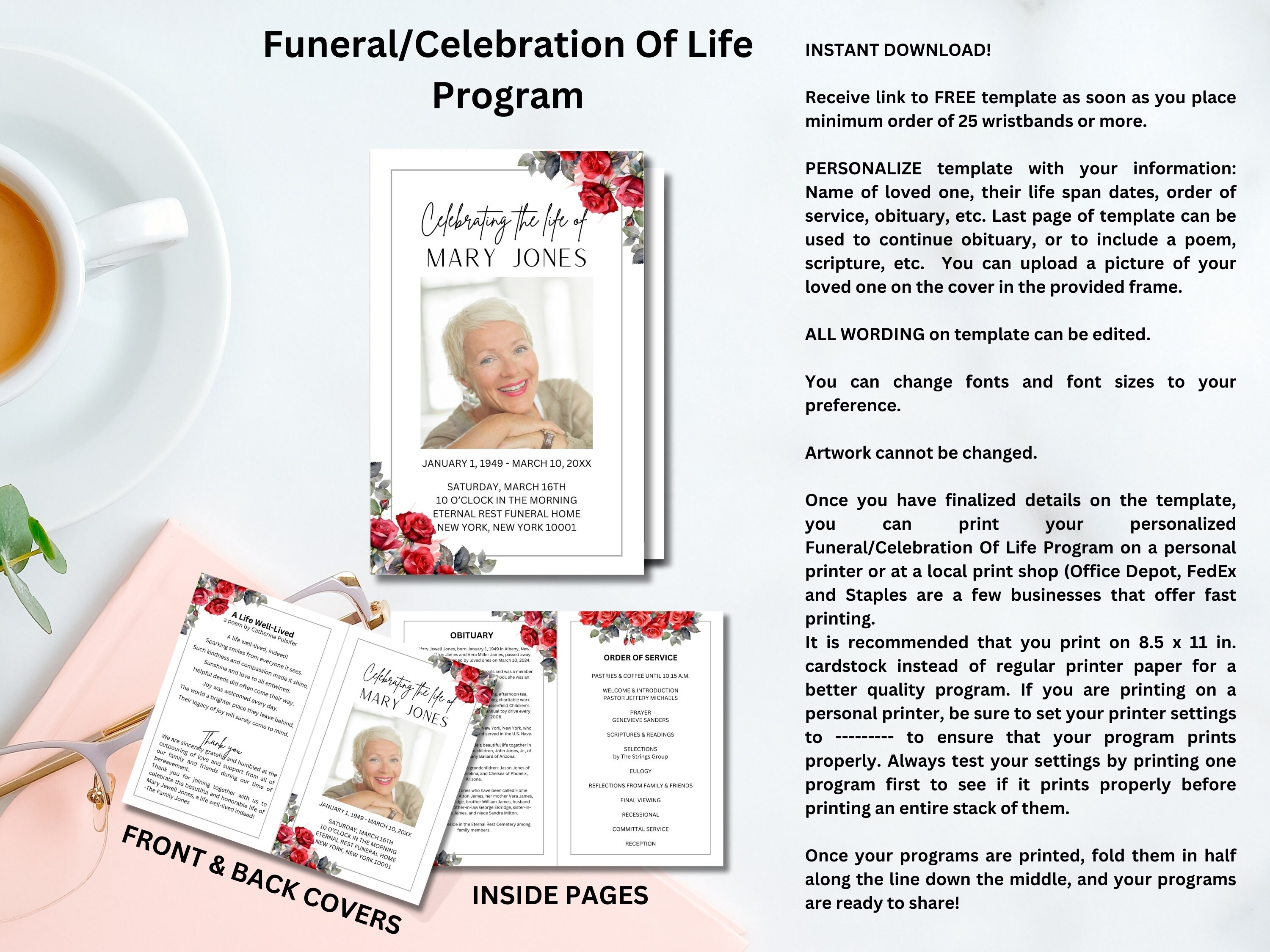 Editable Funeral Program Template, Red Roses, Keepsake, Celebration of ...
