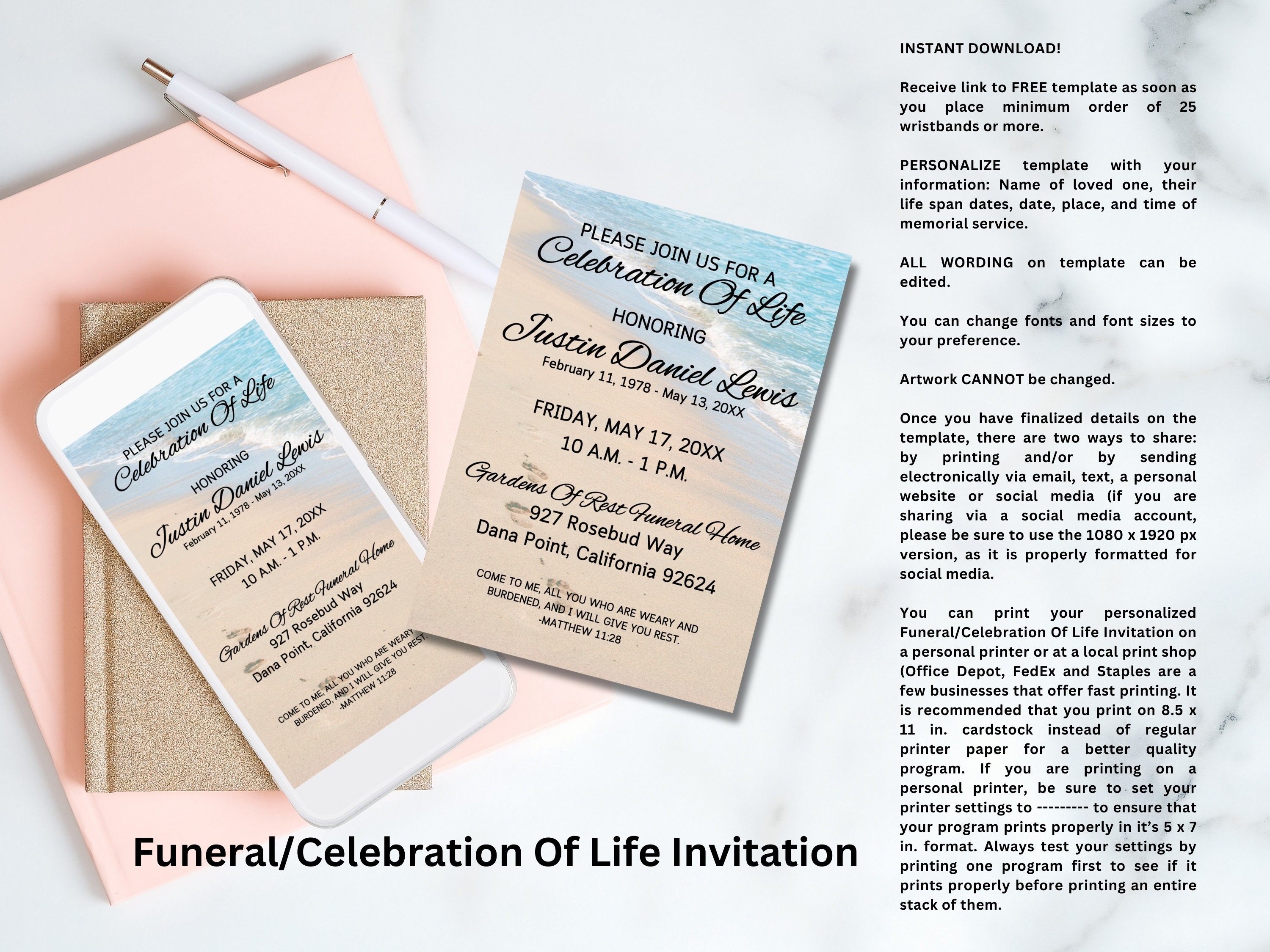 Editable Funeral Program Template, Footprints in the Sand, Keepsake ...