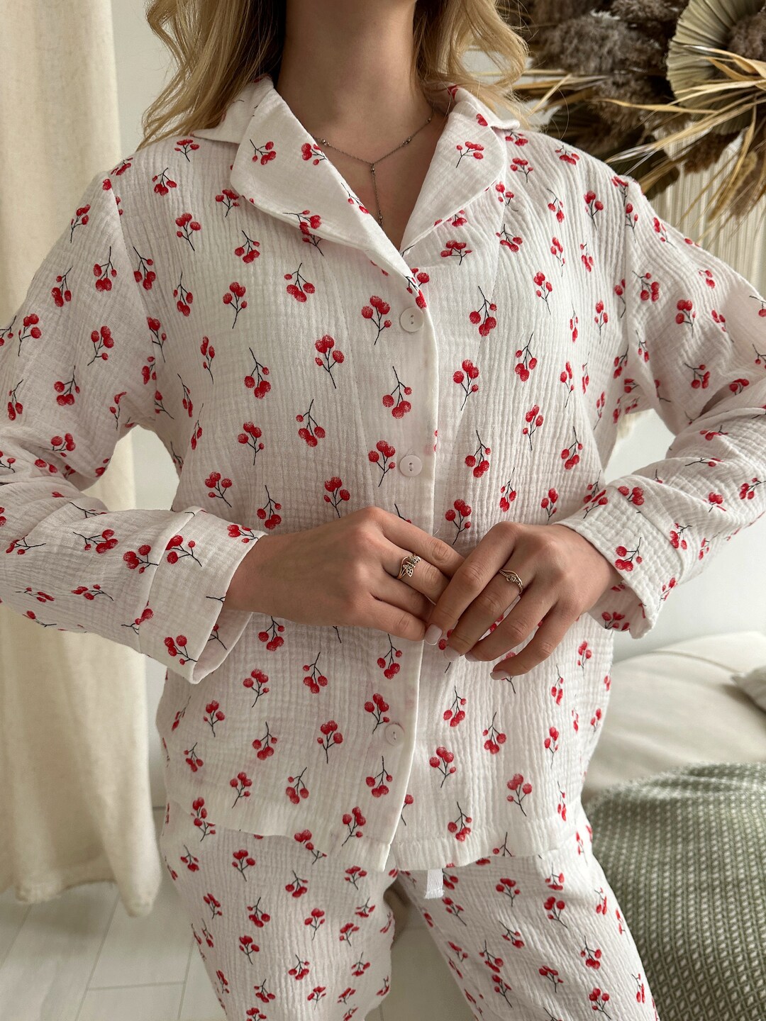 Muslin Pajama Double Gauze Muslin Sleepwear Organic Cotton Set Crinkle ...