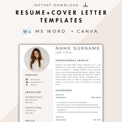Resume CV Template, Cover Letter Template, Editable in Word and Canva ...