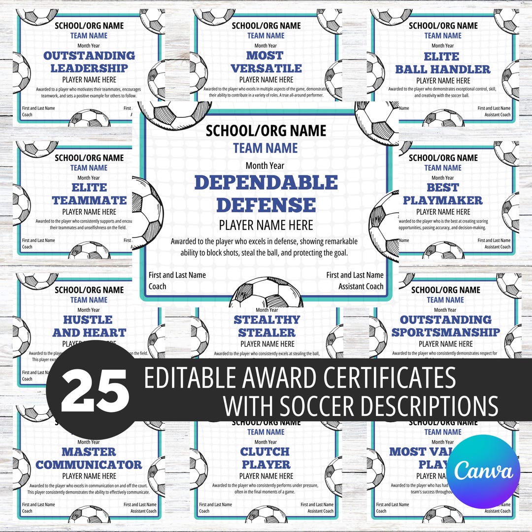 Editable Soccer Award Certificates: Team Party Canva Template (25 ...