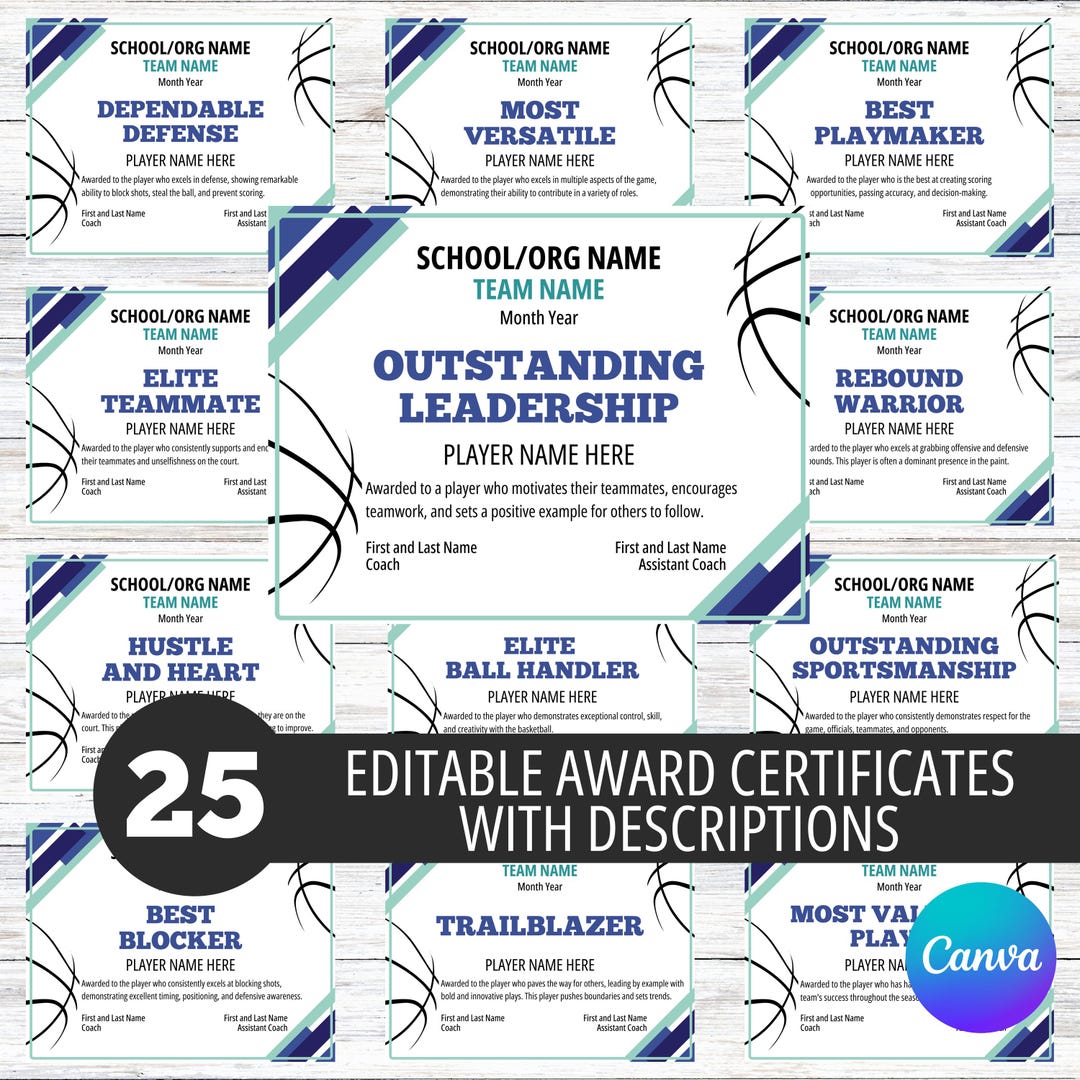 Basketball Award Certificates: 25 Editable Canva Templates - Etsy