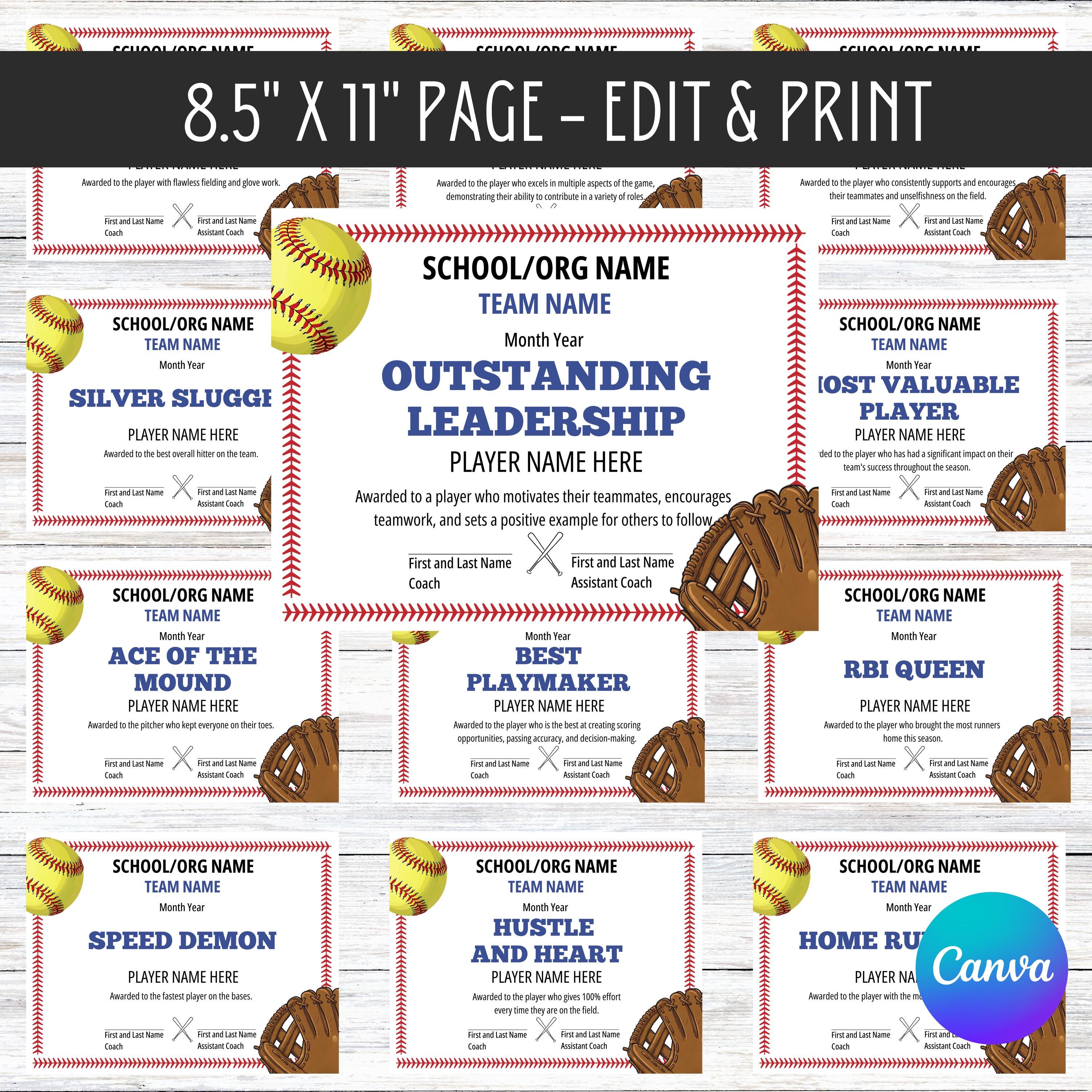 25 Editable Softball Certificates, Softball Team Party, Canva Template ...