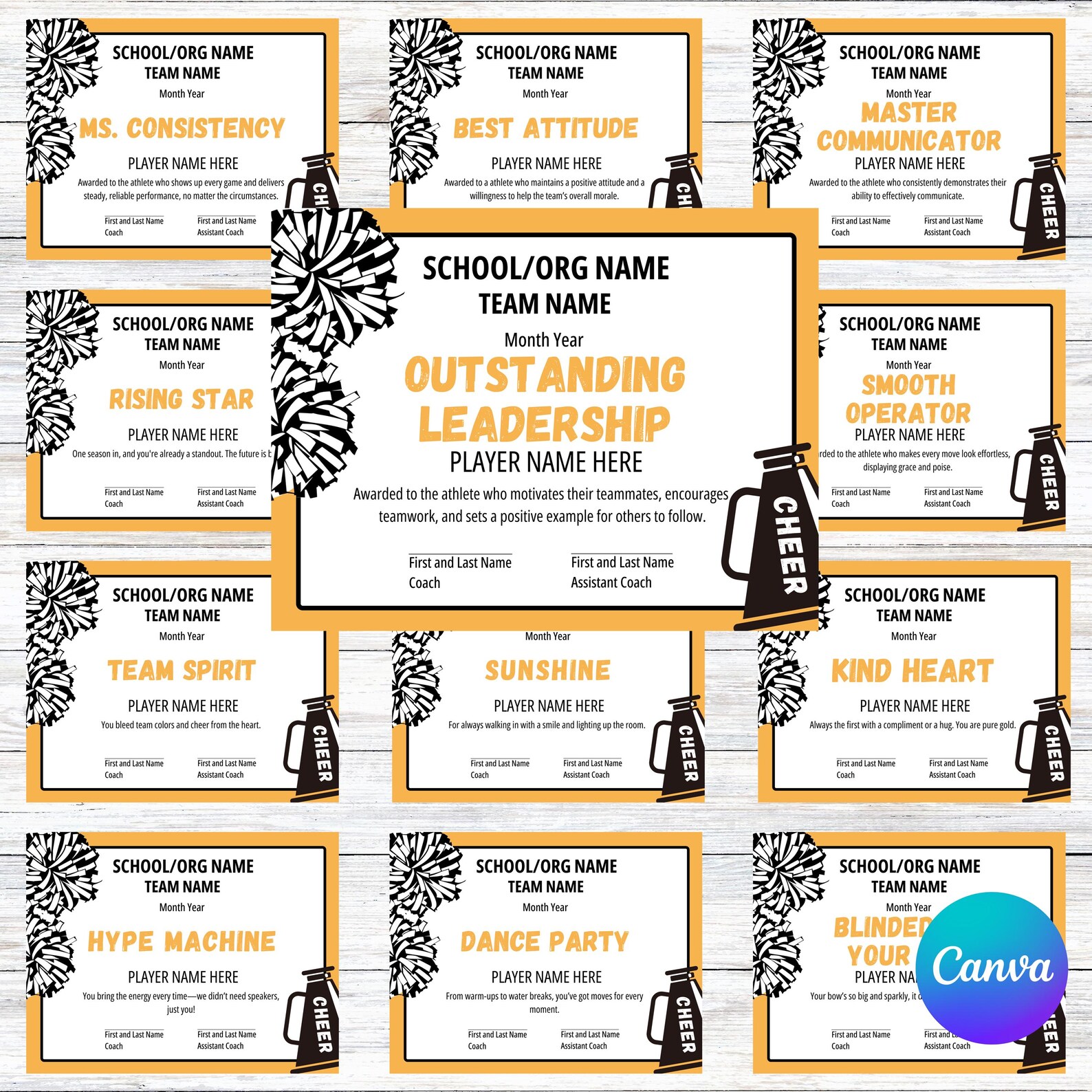 Editable Cheerleading Award Certificates: 25 Canva Templates (digital ...