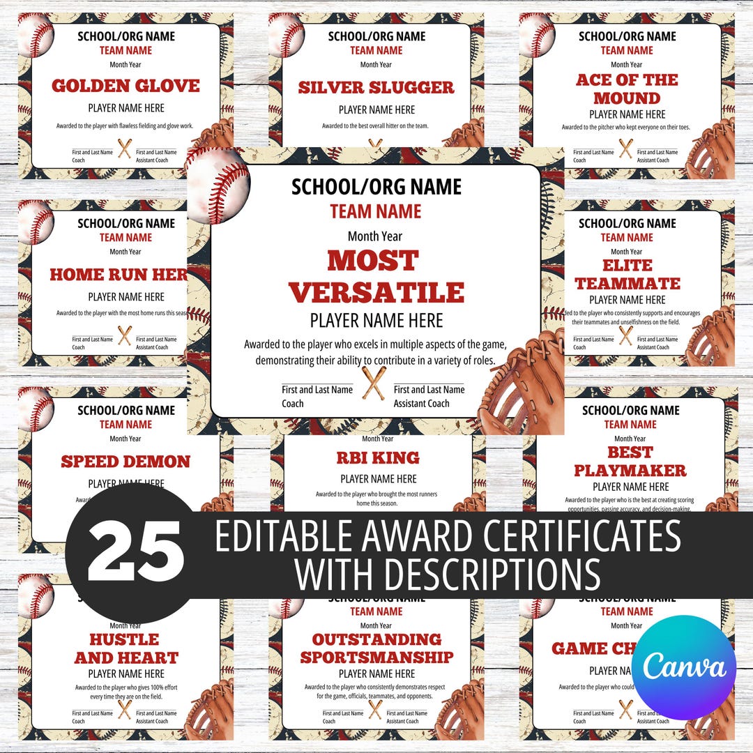 Editable Baseball Award Certificates: 25 Team Party Templates (canva ...