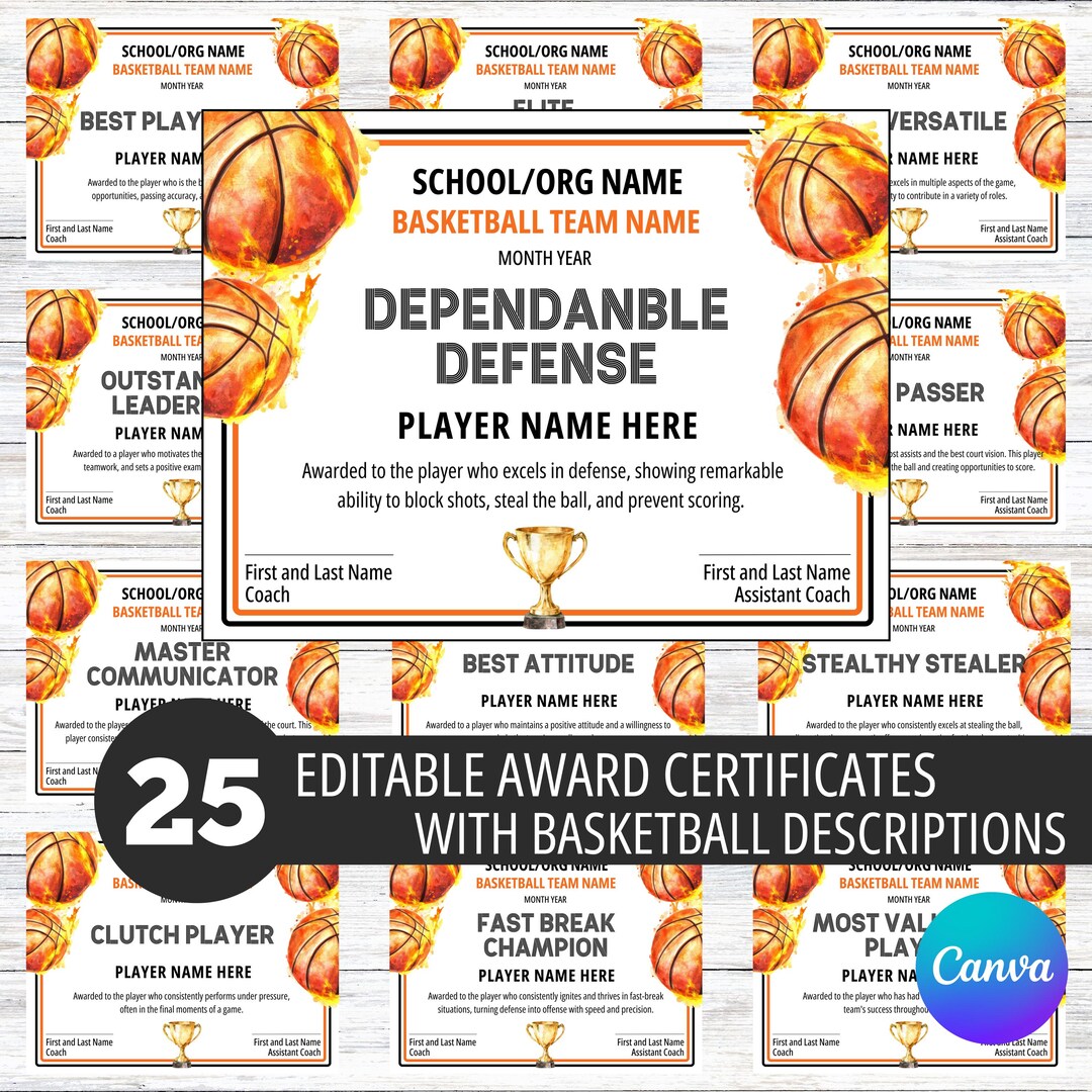 Editable Basketball Award Certificates: Team Celebration or Party, 25 ...