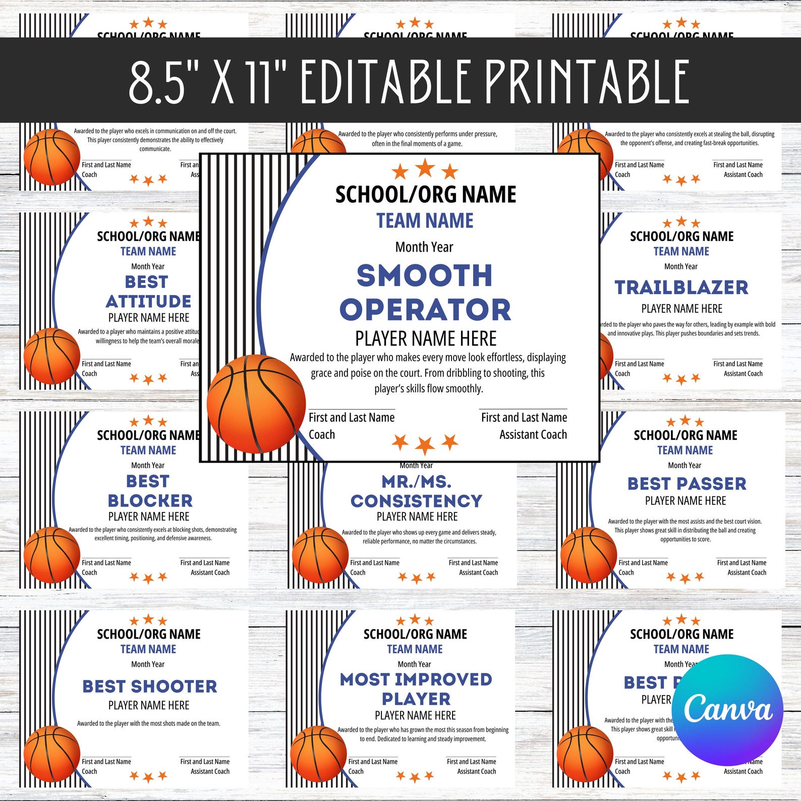 25 Editable Basketball Award Certificates: Canva Template (digital ...