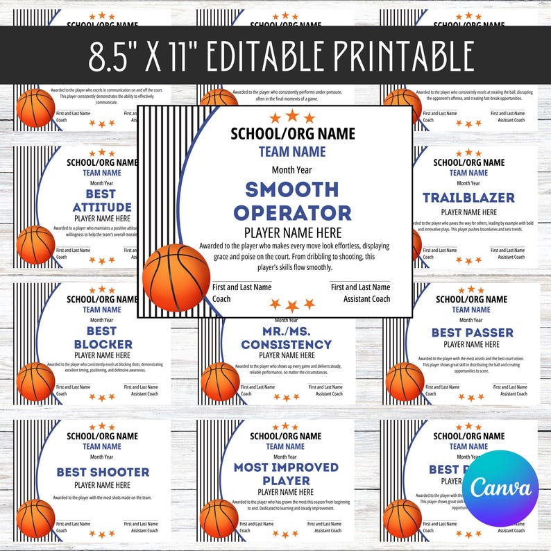 25 Editable Basketball Award Certificates: Canva Template (digital ...