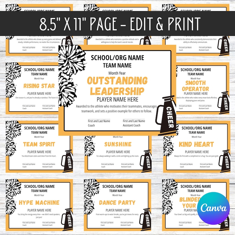 25 Editable Cheerleading Certificates, Cheer Team Party, Canva Template ...