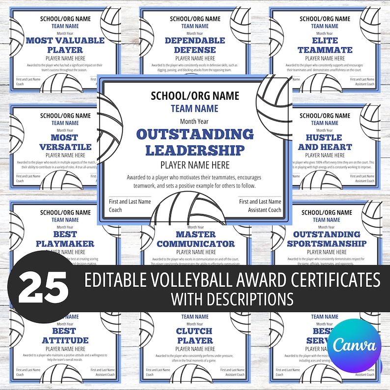 25 Editable Volleyball Certificates, Volleyball Team Party, Canva ...