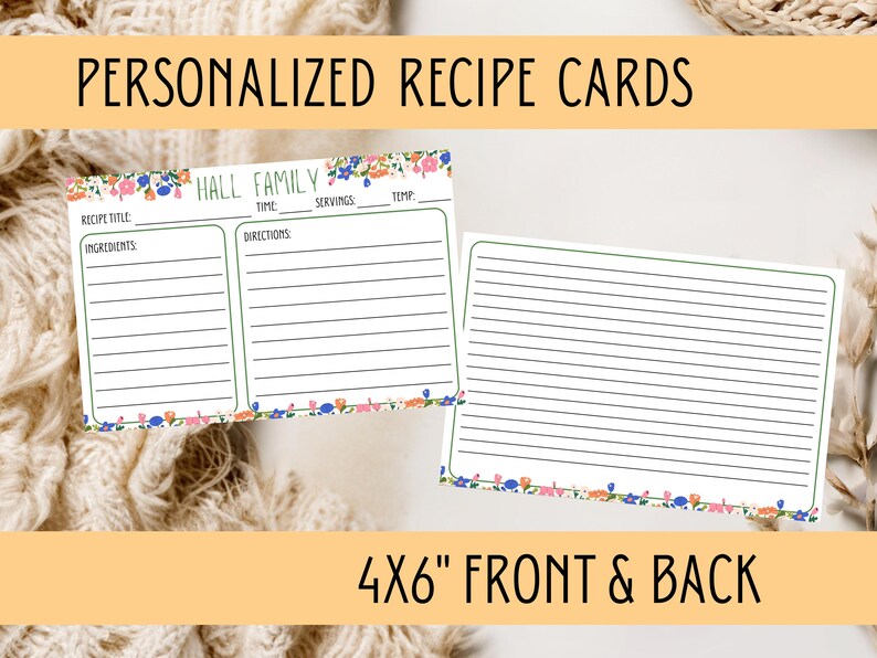 Bright Floral Recipe Card Template, Printable Recipe Card, Personalized ...