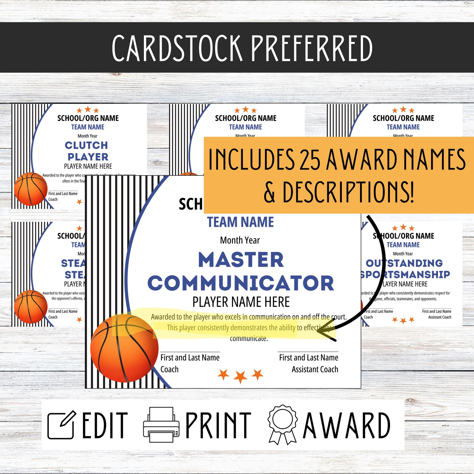 25 Editable Basketball Award Certificates: Canva Template (digital ...