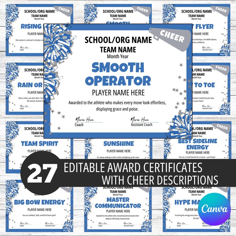 Editable Cheerleading Award Certificates: 27 Canva Cheer Certificate ...