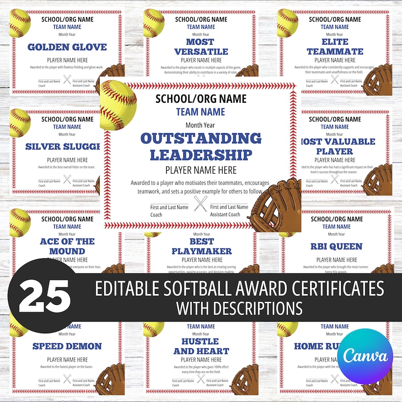 Editable Softball Award Certificates: 25 Canva Templates - Etsy