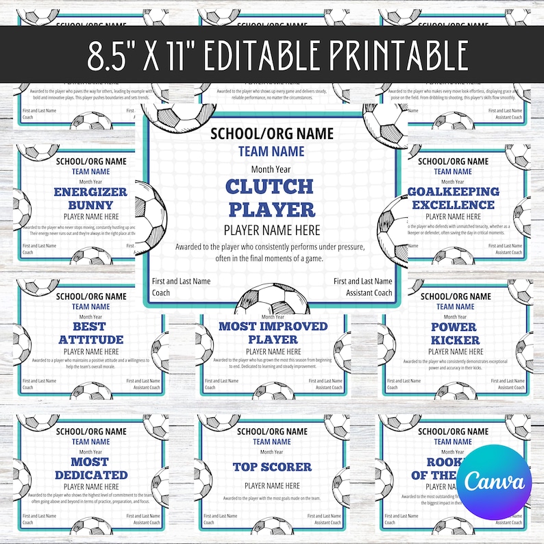 Editable Soccer Award Certificates: Team Party Canva Template (25 ...