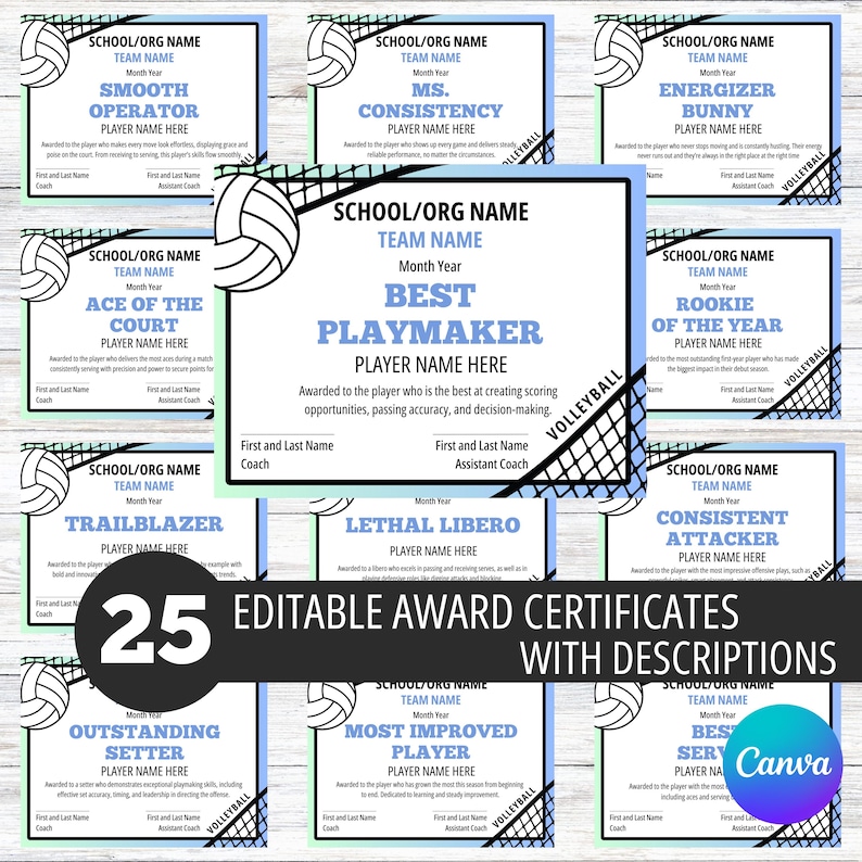 Volleyball Award Certificates: 25 Editable Canva Templates - Etsy