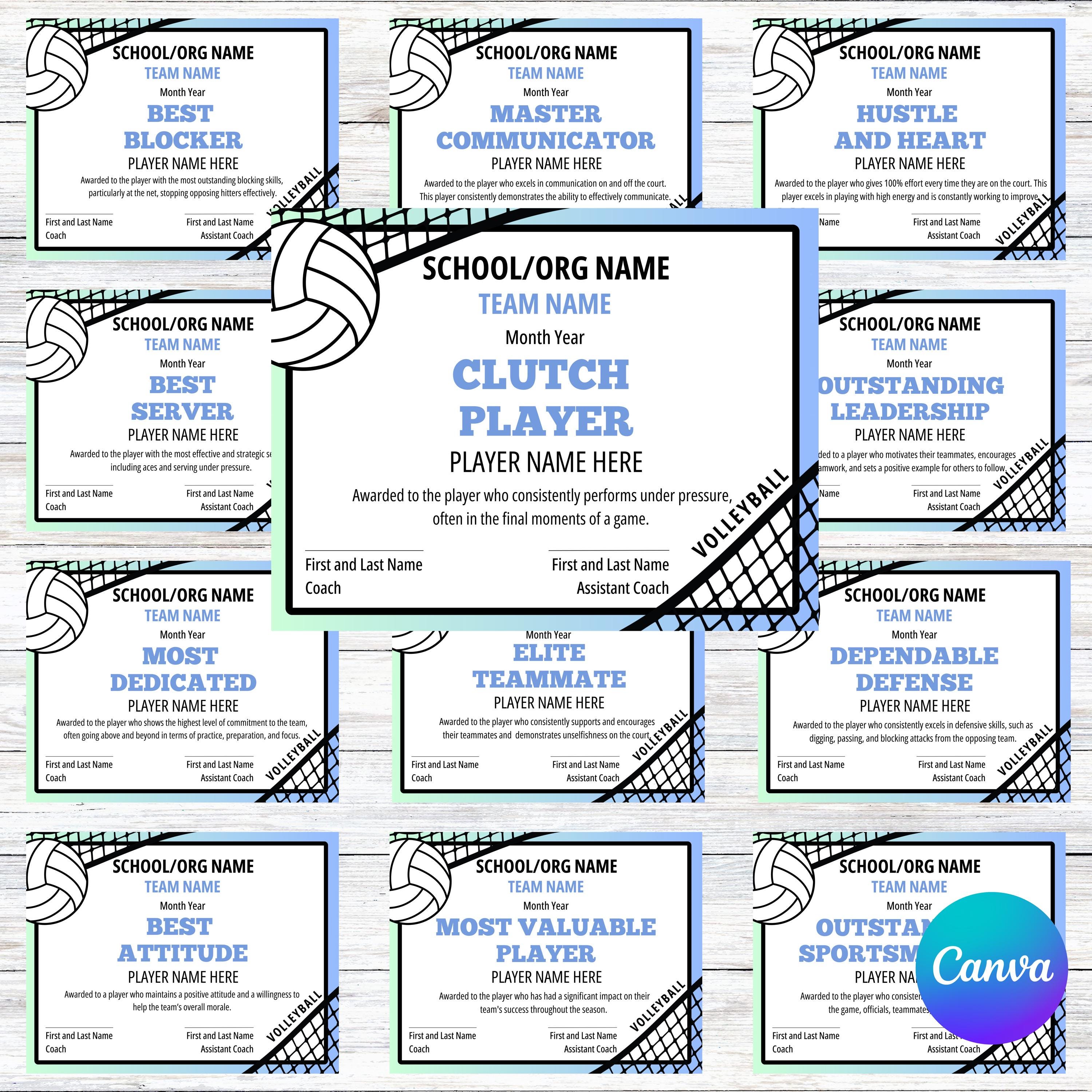 Volleyball Award Certificates: 25 Editable Canva Templates - Etsy